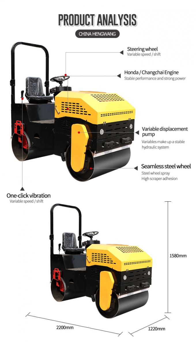 High Performance 1.5 ton Asphalt Roller Compactor 12HP powered